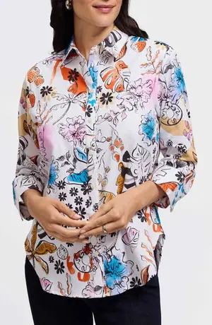 Foxcroft Watercolor Print Cotton Button-up Shirt - White/orange Multi