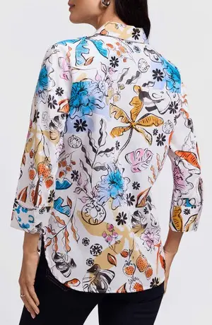 Foxcroft Watercolor Print Cotton Button-up Shirt - White/orange Multi