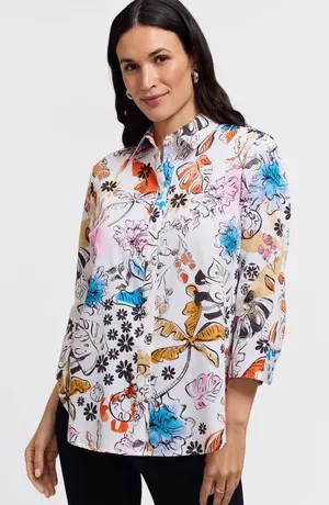 Foxcroft Watercolor Print Cotton Button-up Shirt - White/orange Multi