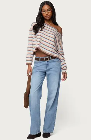 EDIKTED Alexis Stripe Off-the-shoulder Long-sleeve Top