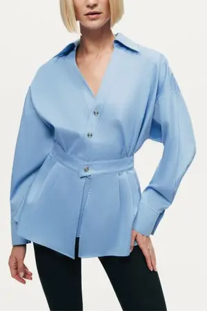 NOCTURNE Belted V-neck Poplin Shirt
