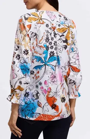 Foxcroft Floral Cotton Popover Top - Orange Multi