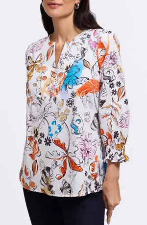 Foxcroft Floral Cotton Popover Top - Orange Multi