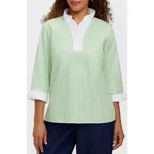 Foxcroft Tammy Ruffle Collar Cotton Top - Mojito Green/white