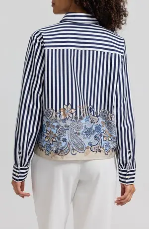 Foxcroft Striped Paisley Cotton Button-up Shirt - Blue Multi