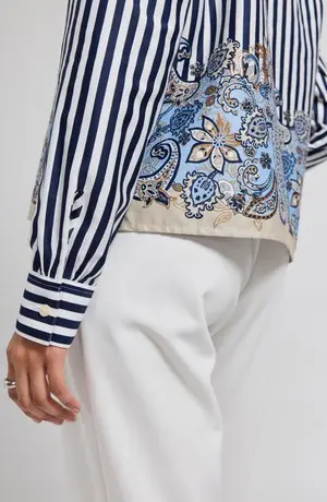 Foxcroft Striped Paisley Cotton Button-up Shirt - Blue Multi