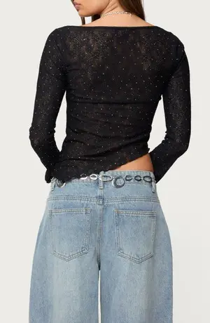 EDIKTED Mare Rhinestone Asymmetric Lace Top - Black