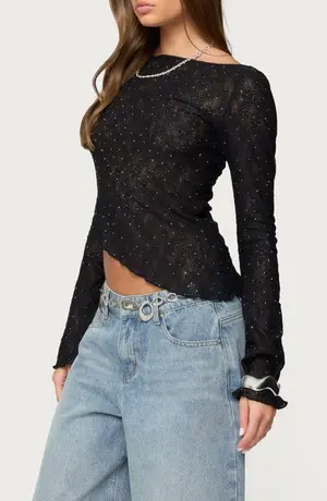 EDIKTED Mare Rhinestone Asymmetric Lace Top - Black
