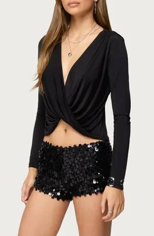 EDIKTED Draped Neck Long Sleeve Top - Black