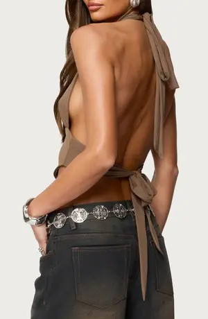 EDIKTED Open Back Halter Top - Brown