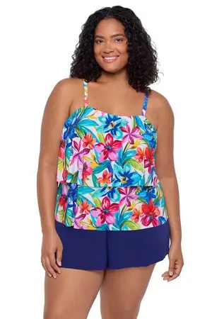 TRIMSHAPER Tiered Control Swim Romper - Tropical Treasure