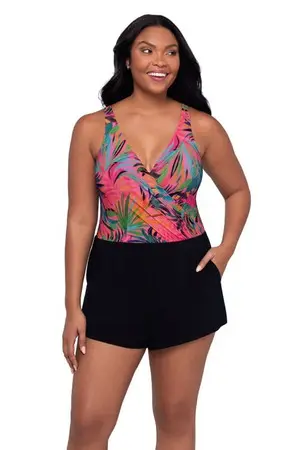 TRIMSHAPER Kim Surplice Swim Romper - Amazonian Palms
