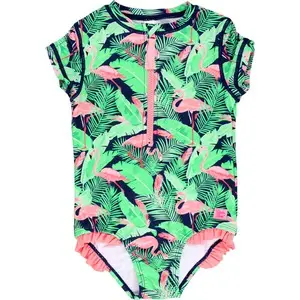 RUFFLEBUTTS Short Sleeve Upf50 One Piece Rash Guard - Flamingo Frenzy