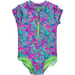 RUFFLEBUTTS Short Sleeve Upf50 One Piece Rash Guard - Neon Paisley Pop