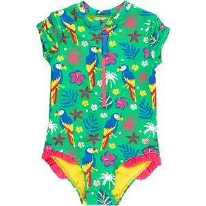RUFFLEBUTTS Short Sleeve Upf50 One Piece Rash Guard - Parrot Palms