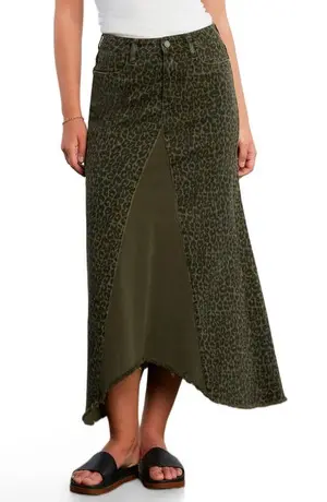 WASH LAB DENIM Leopard Print Pieced Denim Midi Skirt - Green Leopard