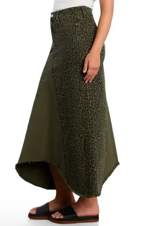 WASH LAB DENIM Leopard Print Pieced Denim Midi Skirt - Green Leopard