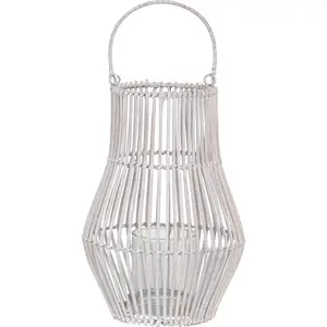 STORIED HOME Round Hand-woven Wood Lantern With Handle And Glass Insert - White