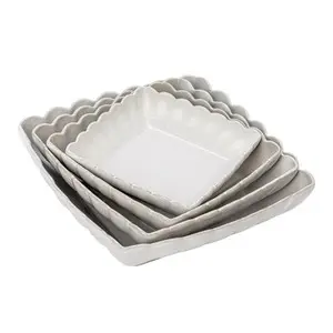 STORIED HOME Square Stoneware Serving Dishes With Scalloped Edge - White