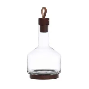 STORIED HOME Glass Carafe With Acacia Wood Base - Clear