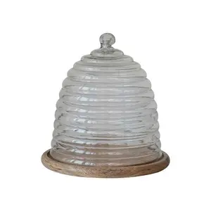STORIED HOME Reclaimed Etched Glass Beehive Shaped Cloche With Mango Wood Base - Clear