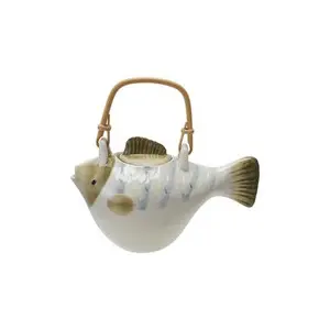 STORIED HOME Stoneware Fish Shaped Teapot With Metal Strainer And Wrapped Handle - White