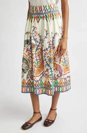 ETRO Floral Paisley Pleated Cotton Voile Midi Skirt