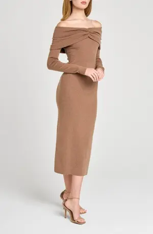 WAYF Off The Shoulder Knit Midi Dress - Mocha