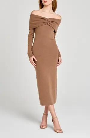 WAYF Off The Shoulder Knit Midi Dress - Mocha