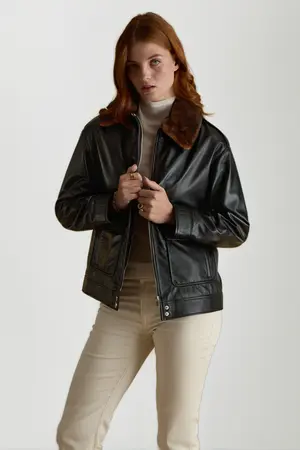 FURNIQ UK FURNIQ UK Alma Leather Jacket With Detachable Fur Collar Black