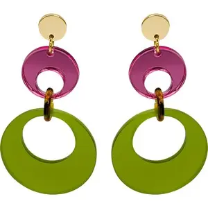 TOOLALLY Swinging Circle Drop Earrings - Lime Zest Green & Pink Mirror