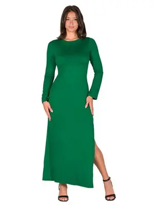 24SEVEN COMFORT APPAREL Petite Long Sleeve Side Slit Fitted Maxi Dress - Emerald