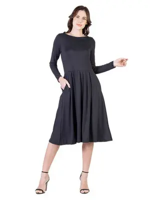24SEVEN COMFORT APPAREL Petite Midi Fit And Flare Pocket Dress - Black