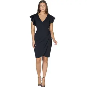 24SEVEN COMFORT APPAREL V-neck Ruffle Sleeve Knee Length Dress - Black