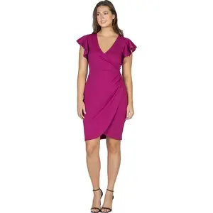 24SEVEN COMFORT APPAREL V-neck Ruffle Sleeve Knee Length Dress - Magenta