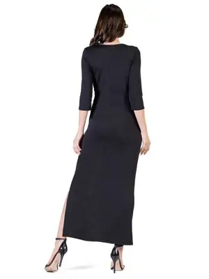 24SEVEN COMFORT APPAREL Petite Fitted V-neck Side Slit Maxi Dress - Black