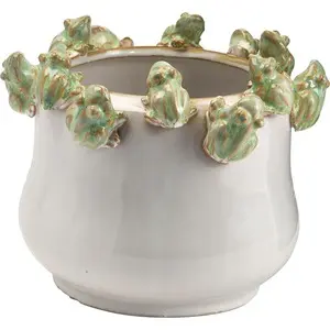 STORIED HOME Planter With Frog Figurine Rim - White