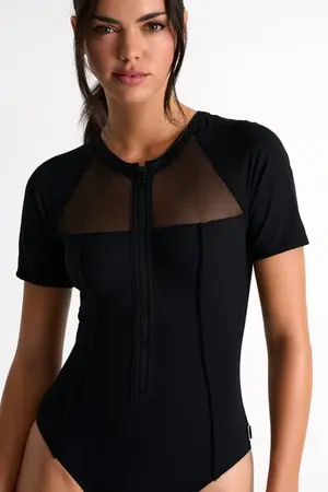 Shan Zip-up Short-sleeve One-piece Swimsuit