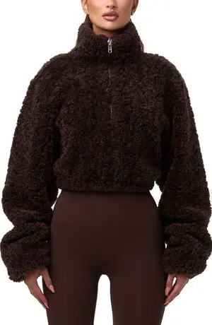 Naked Wardrobe Faux Shearling Quarter Zip Crop Pullover - Dark Chocolate