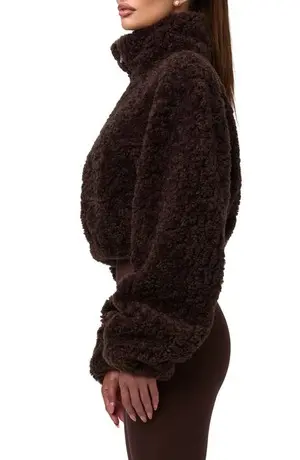 Naked Wardrobe Faux Shearling Quarter Zip Crop Pullover - Dark Chocolate