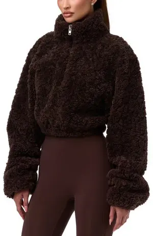Naked Wardrobe Faux Shearling Quarter Zip Crop Pullover - Dark Chocolate