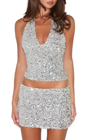 TIGER MIST Sequin Crop Halter Top - Silver