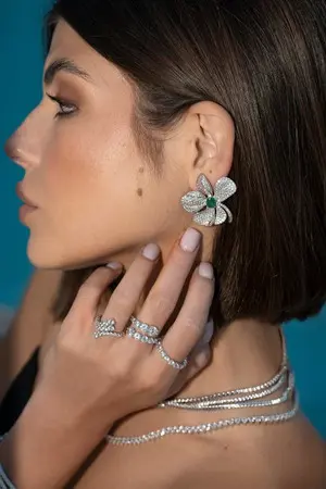GEMMA AZZURRO Fleur Pave Emerald Flower Earrings