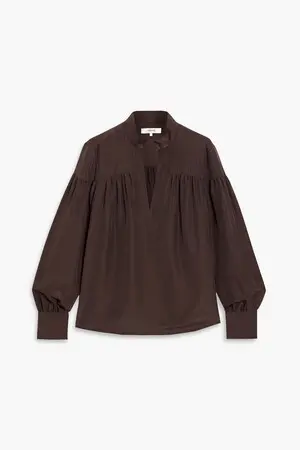 FRAME Gathered Satin-crepe Blouse - Dark Brown
