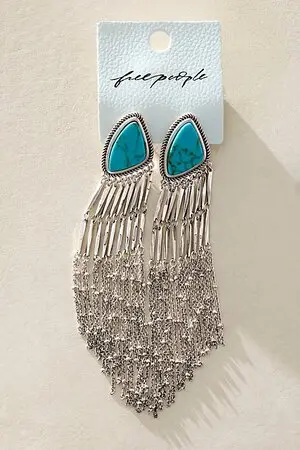 Free People Talk Sweet Fringe Dangle Earrings With Turquoise Stone - Silver/turq