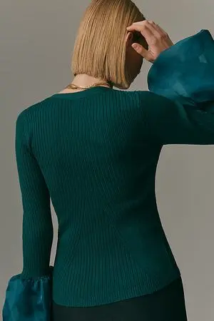 Maeve Long-sleeve Organza Cuff Sweater - Emerald