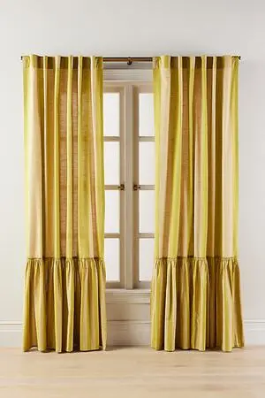 Anthropologie Peggy Cotton Ruffle Striped Curtain - Citron/neutral