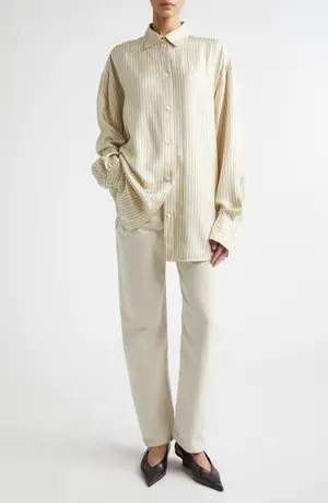 TOTEME Oversize Stripe Silk Button-up Shirt - Beige/brown