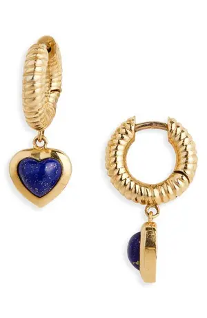 Established Established Stone Heart Huggie Drop Earrings In 18k Gold And Lapis Lazuli Lapis/gold