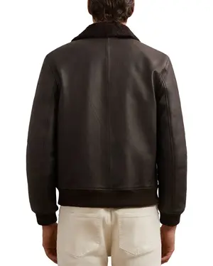 REISS Shearling Collar Leather Jacket - Brown